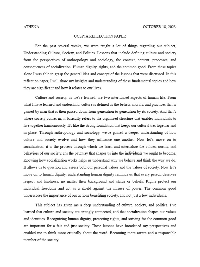 UCSP Reflection on Culture and Society | PDF | Socialization | Society