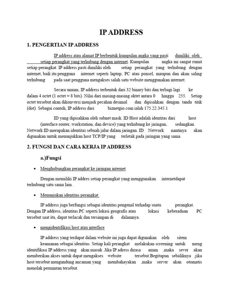 Pengertian dan Fungsi IP Address | PDF