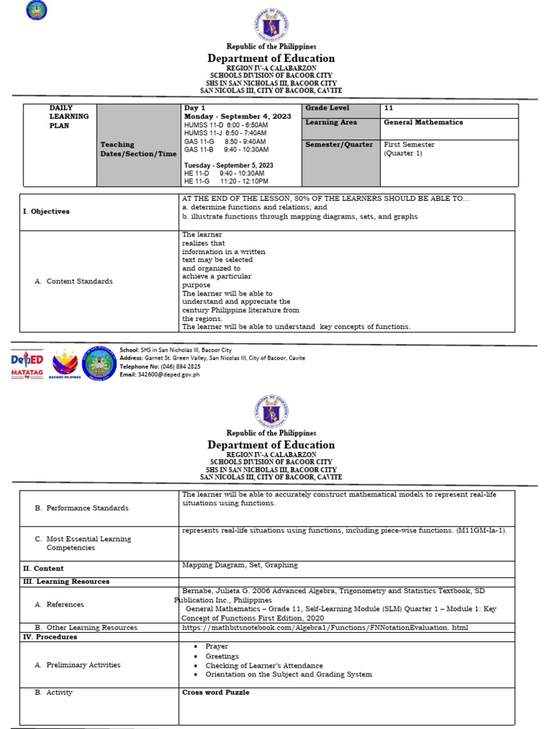 DLP - Genmath 1ST Sem 1STQ Day1 | PDF | Function (Mathematics) | Learning
