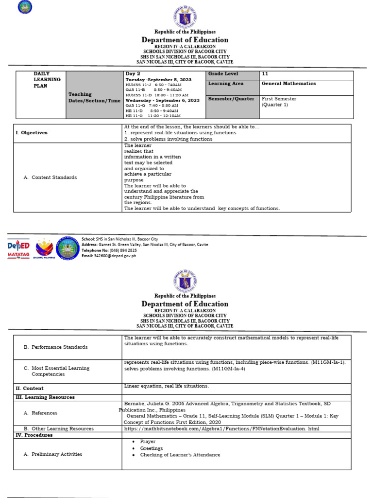 DLP - Genmath 1ST Sem 1STQ Day2 | PDF | Equations | Learning