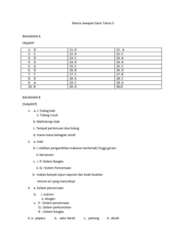 Skema Jawapan Soalan Sains Tahun 5 (Pertengahan Tahun) | PDF