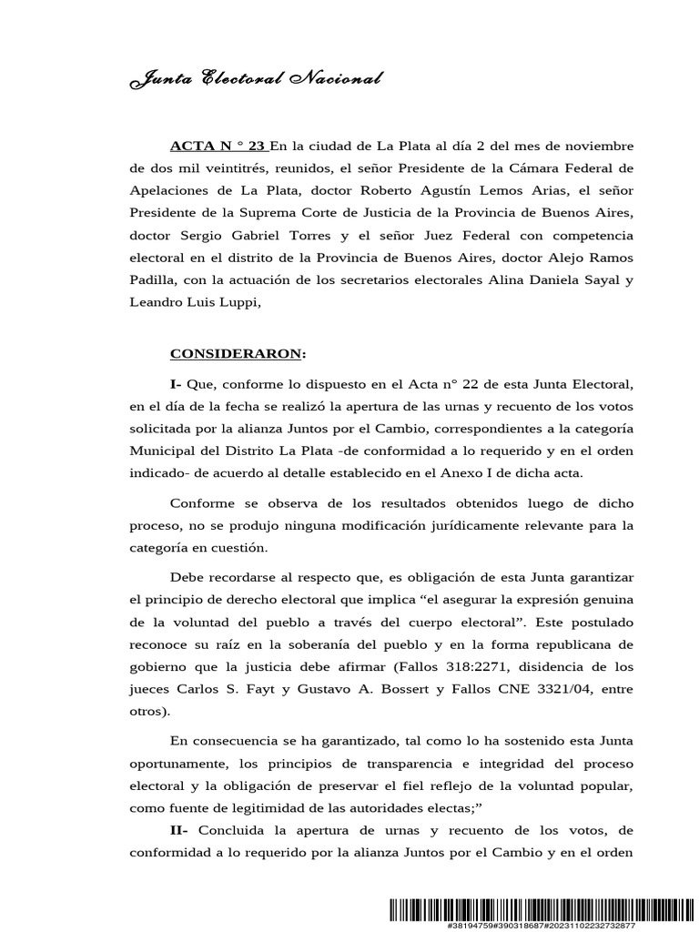 Acta 23 Resultados La Plata. No Se Hace Lugar A Las Aperturas Solicitadas | PDF | Votación ...