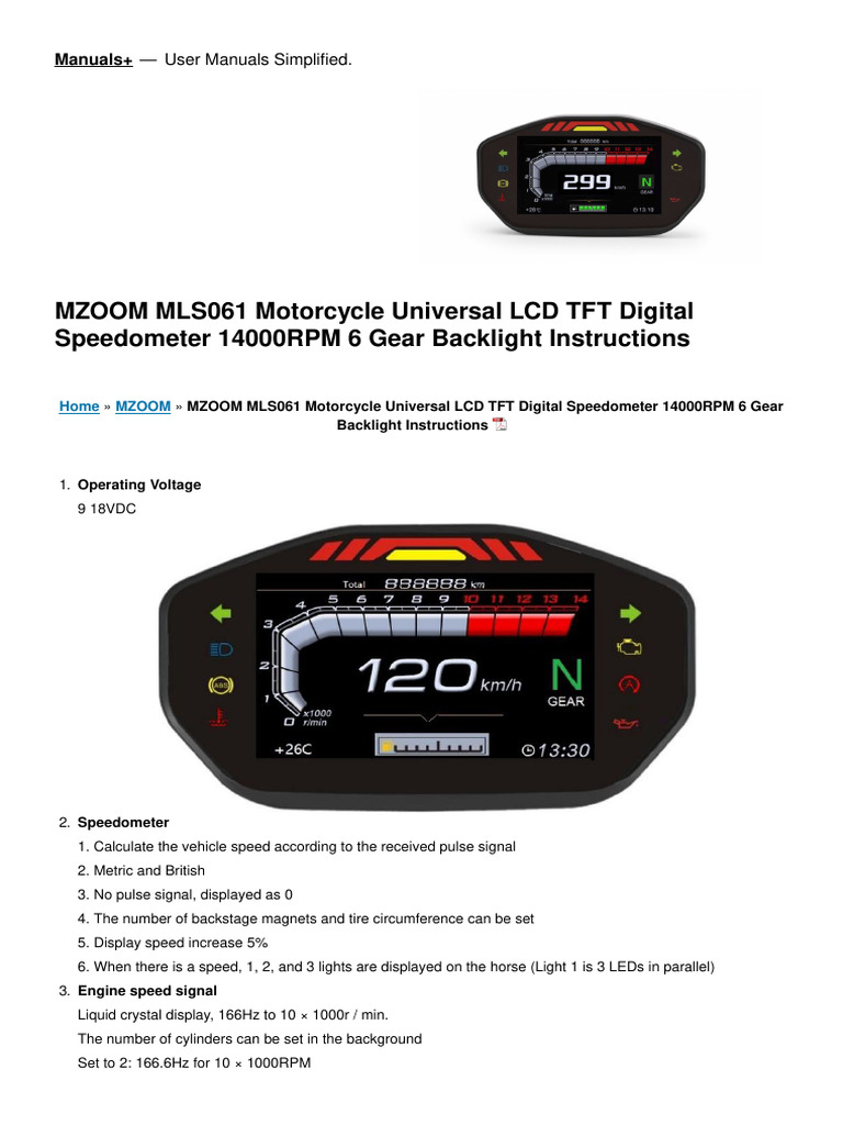 mls061 Motorcycle Universal LCD TFT Digital Speedometer 14000rpm 6 Gear ...