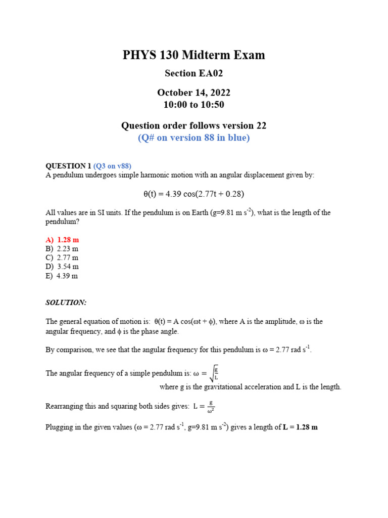 PHYS 130 Midterm Exam Questions | PDF | Oscillation | Waves