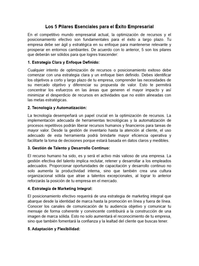 Los 5 Pilares Esenciales para El Éxito Empresarial | PDF