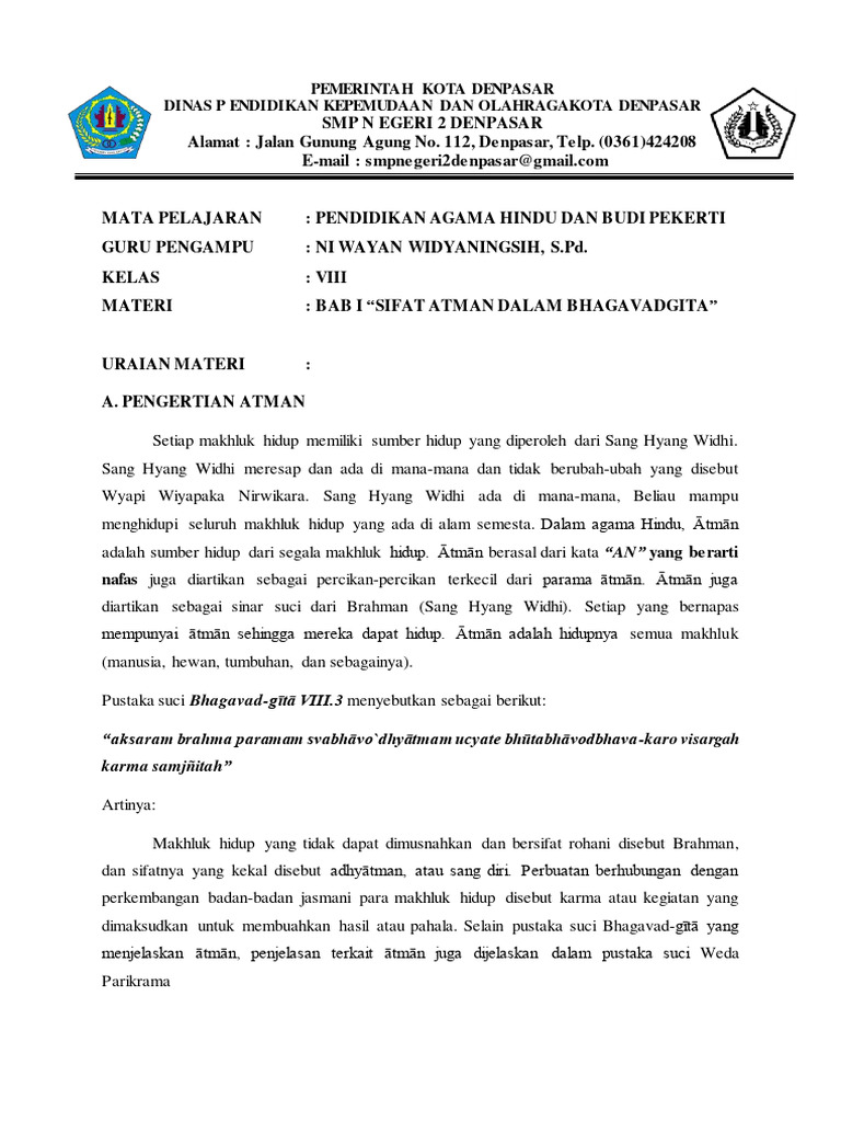 Materi I Pengertian Dan Sifat Atman | PDF | Filsafat