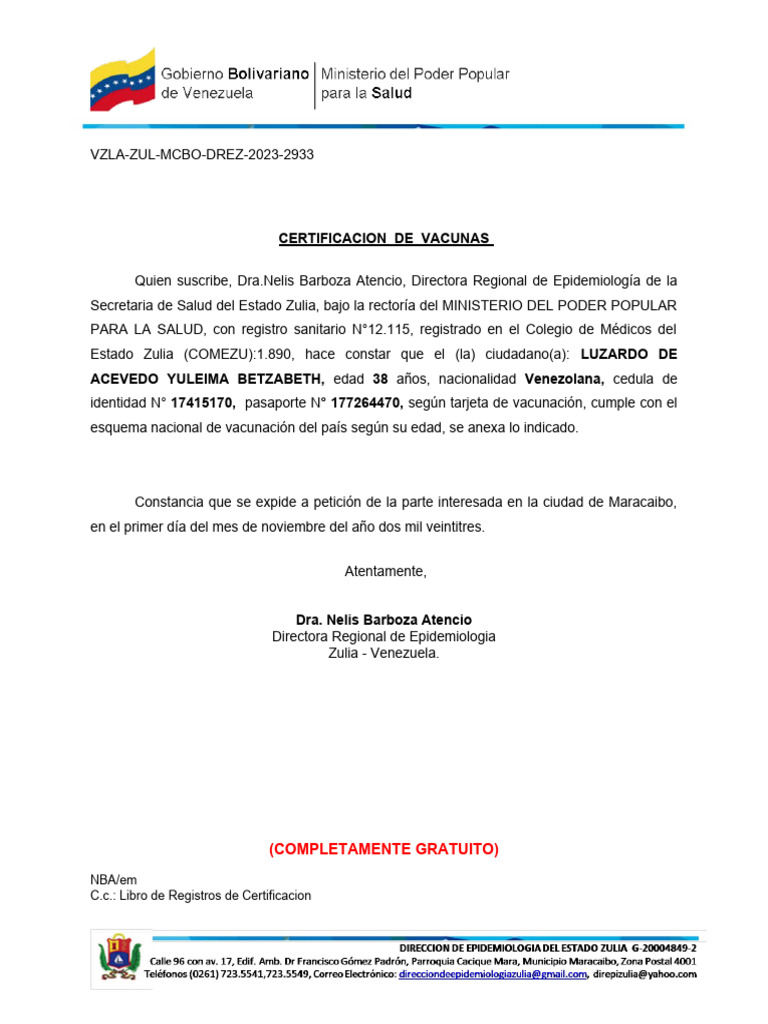 Certificacion 01.11.2023 | PDF | Venezuela | Politica de salud