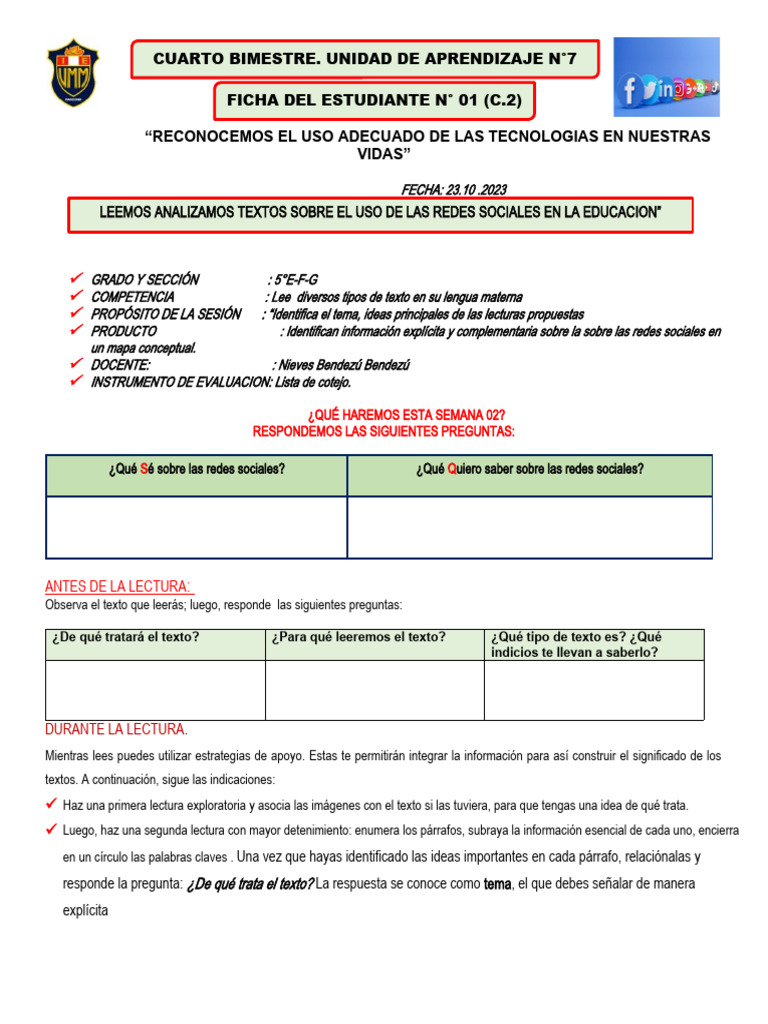 Ficha 2 Redes Sociales | PDF | Servicio de redes sociales | Adolescencia