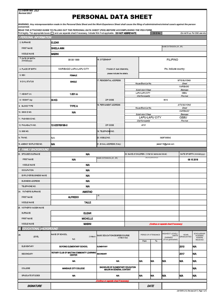 Personal Data Sheet Form 212 Guide | PDF | Justice | Crime & Violence