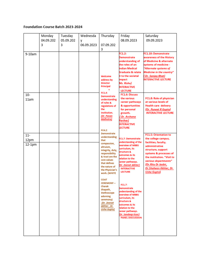 MBBS Foundation Course Schedule 2023-2024 | PDF | Health Care | Medicine
