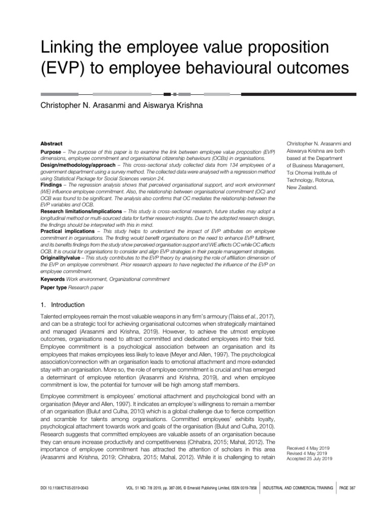 Arasanmi y Krishna - 2019 - Linking The Employee Value Proposition EVP To Employee Behavioural ...