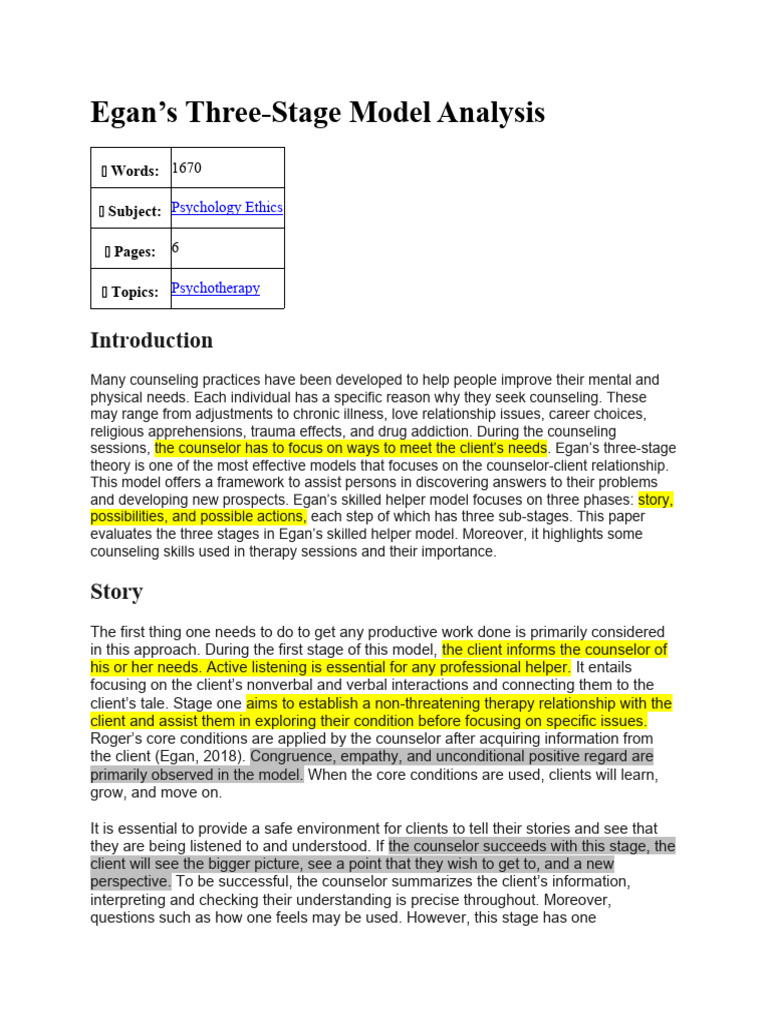 Egan's Three Stage Model | PDF | Psychotherapy | Psychology