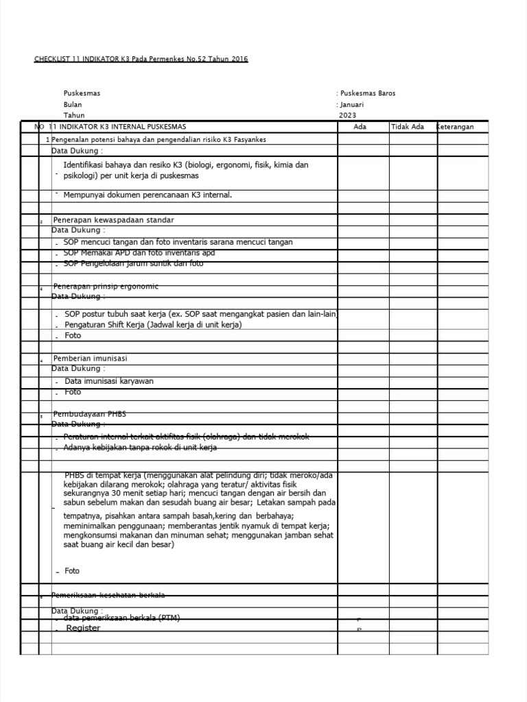 1.3. 6.a 11 Indikator k3 Puskesmas Baros | PDF