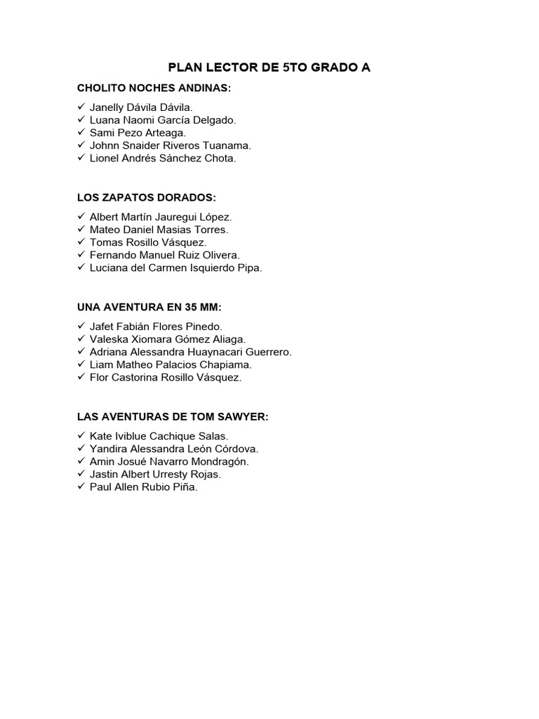 Plan Lector de 5to Grado A | PDF