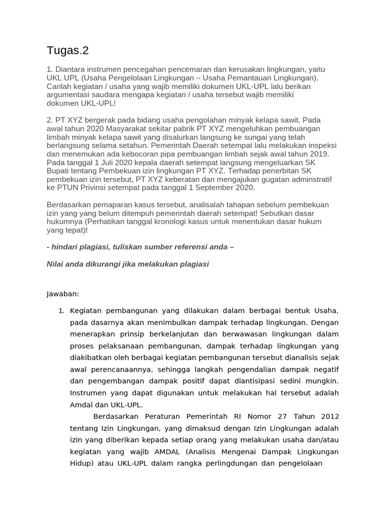 Tugas 2 - Hukum Lingkungan HKUM4210 | PDF | Bisnis | Hukum