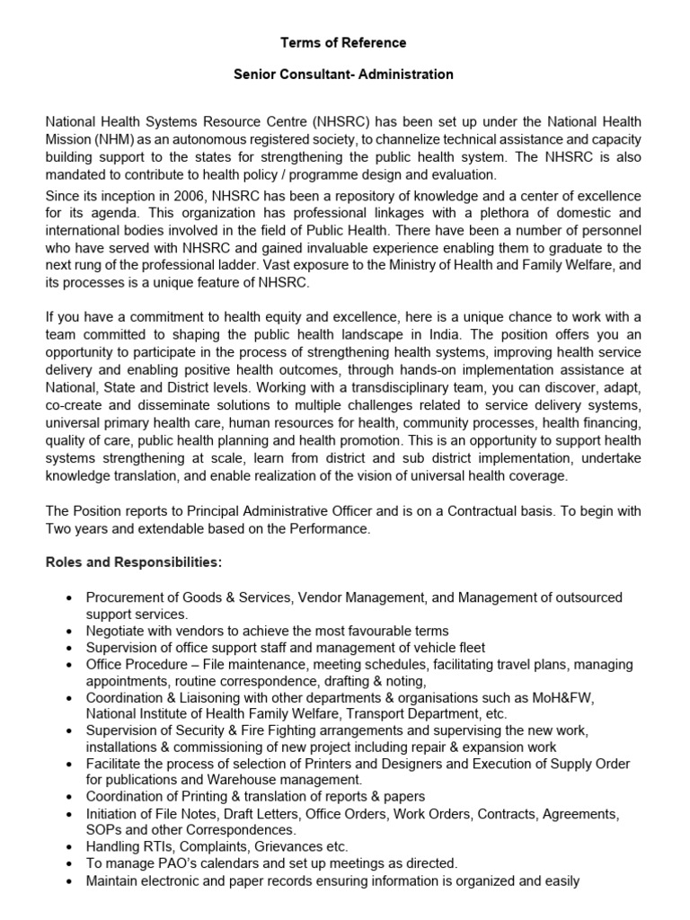 Terma of Reference - Senior Consultant - Administration, NHSRC | PDF | Health System | Public Health