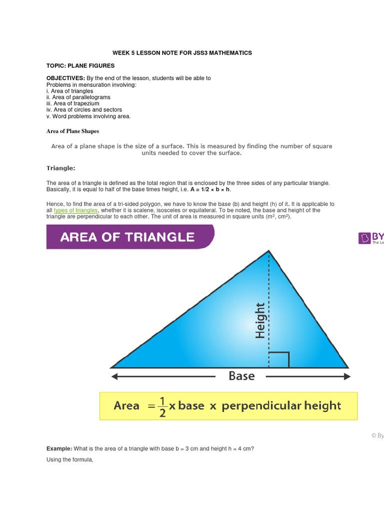 1705 - Week 5 Lesson Note For JSS3 Mathematics XX | PDF | Area | Triangle