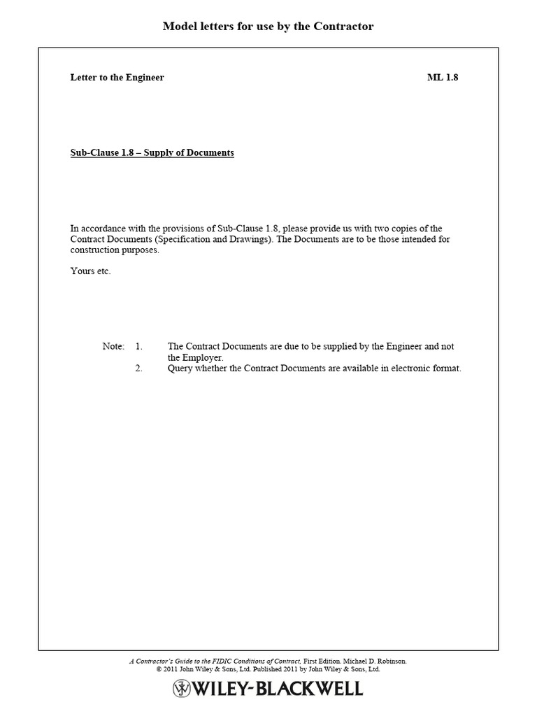Model Letters For Use by The Contractor: Letter To The Engineer ML 1.8 ...