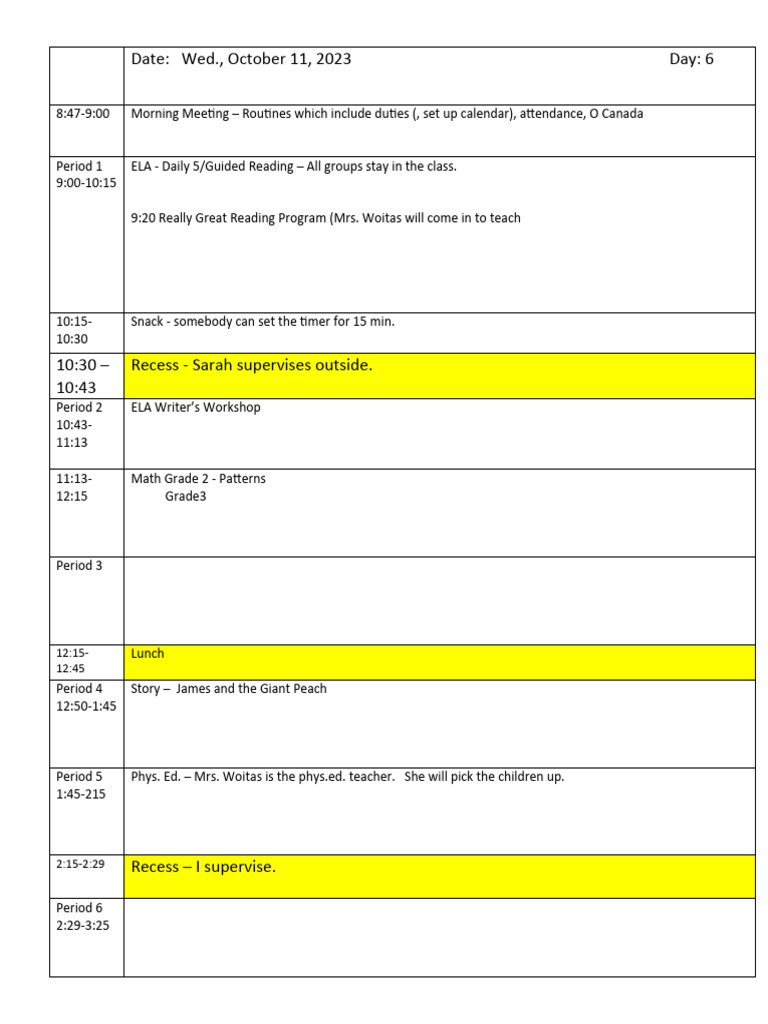 Day Plan For Tuesday, Oct. 10th | PDF | Language Arts & Discipline