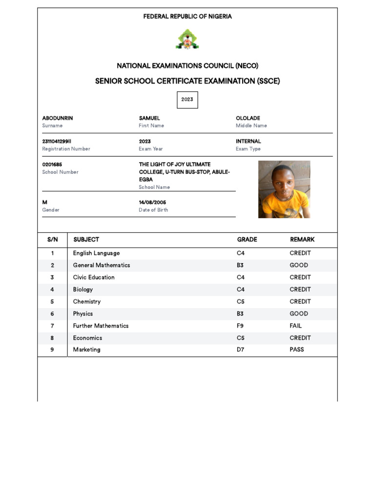 NECO SAMUEL Results Portal | PDF