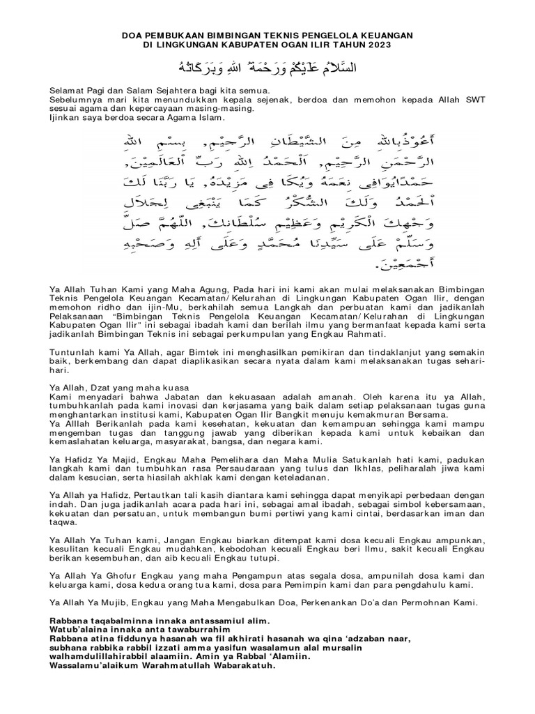 Doa Pembukaan Bimtek Keuangan 2023 | PDF