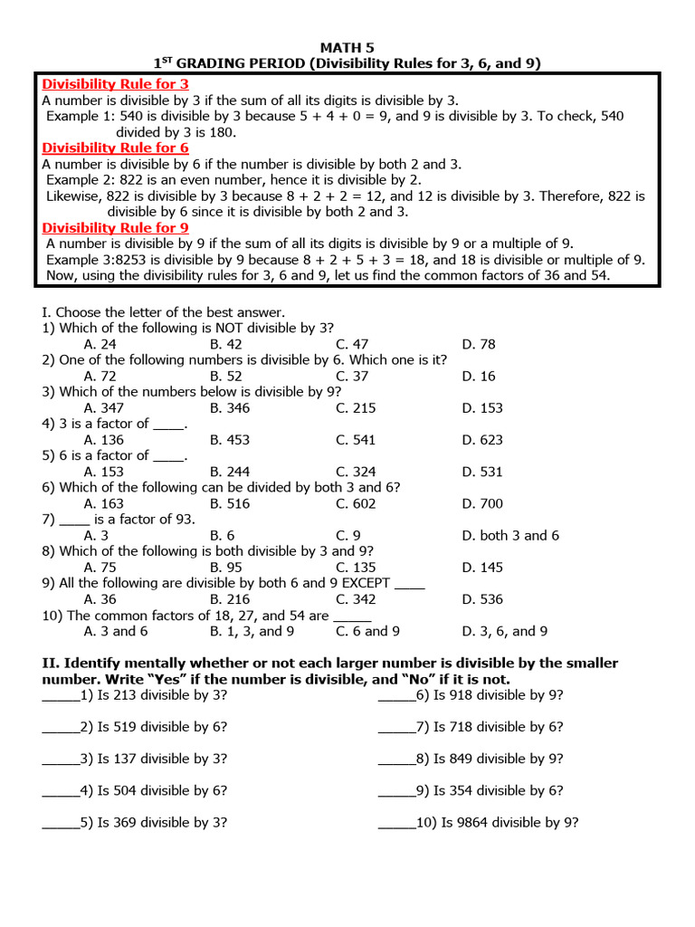 Divisibility Rules for 3, 6, and 9 | PDF | Mathematics | Arithmetic