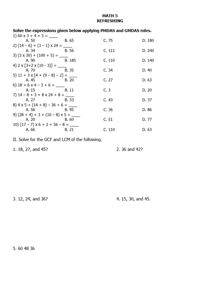 Math 5 Gmdas, GCF &LCM | PDF
