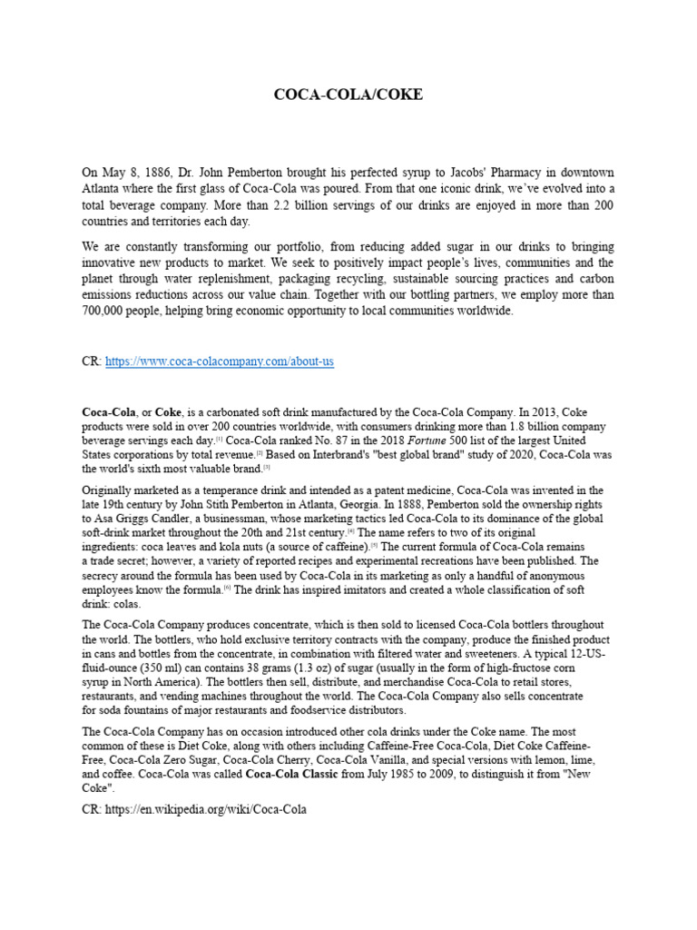 Coca-Cola/Coke: Coca-Cola, or Coke, Is A Carbonated Soft Drink ...