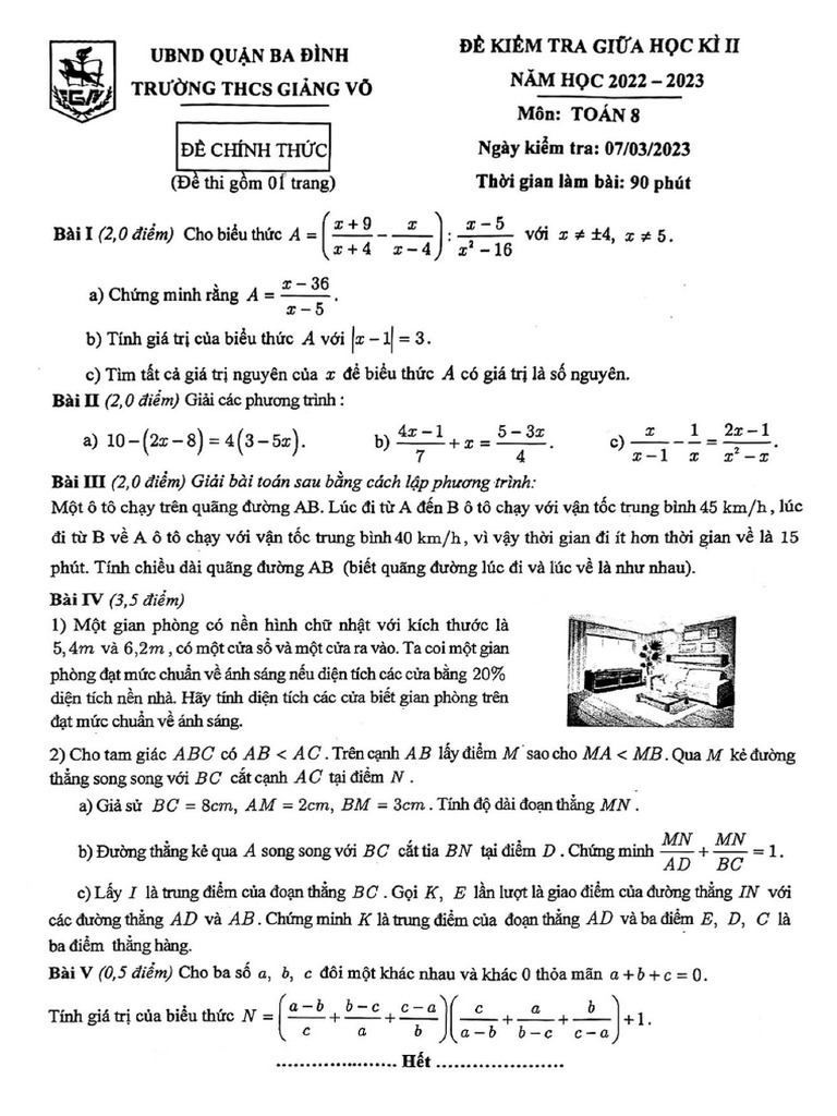 De Giua Hoc Ki 2 Toan 8 Nam 2022 2023 Truong Thcs Giang Vo Ha Noi | PDF