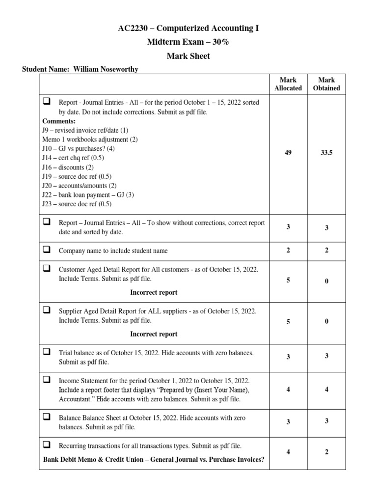 Mark Sheet - Midterm - Exam William N | PDF | Invoice | Debits And Credits