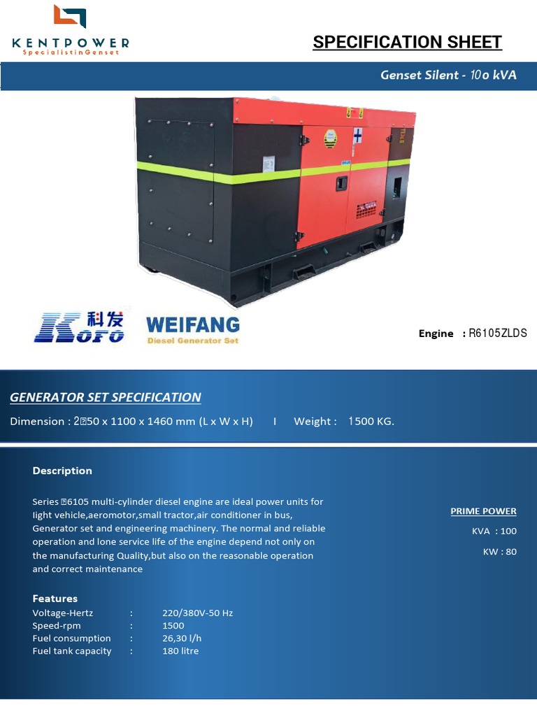 Genset Weifang 100 Kva - Kent Power | PDF
