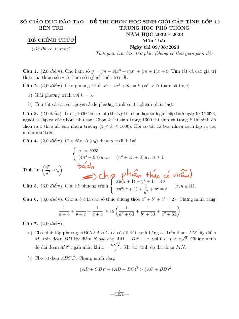 De Thi Hoc Sinh Gioi Cap Tinh Toan 12 Nam 2022 2023 So GDDT Ben Tre | PDF