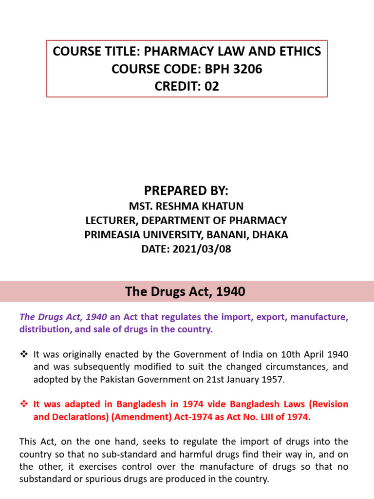 BPH 3206 - Lecture 5-Pharmacy Law & Ethics | PDF | Poison | Pharmacist