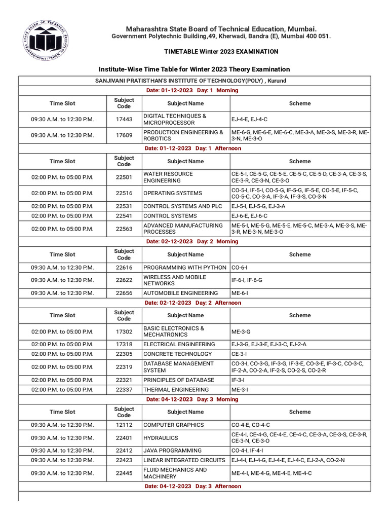 Time Table For Winter 2023 Theory Examination | PDF | Engineering ...