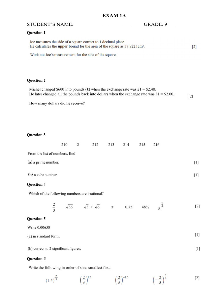 9th Grade Exam - 1 | PDF