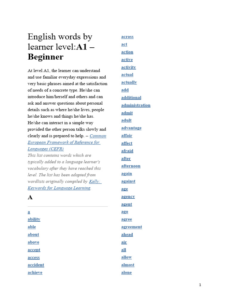 A1 English Vocabulary Word List | PDF | Learning | Vocabulary