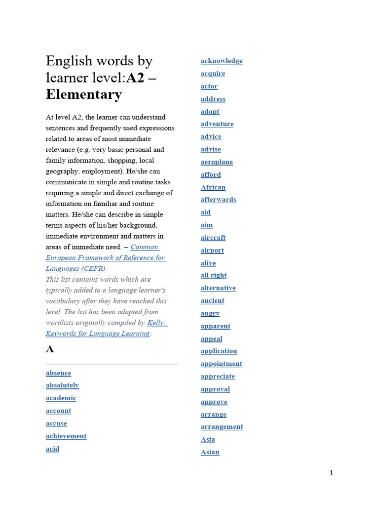 English Words by Learner Level A2 | PDF | Learning