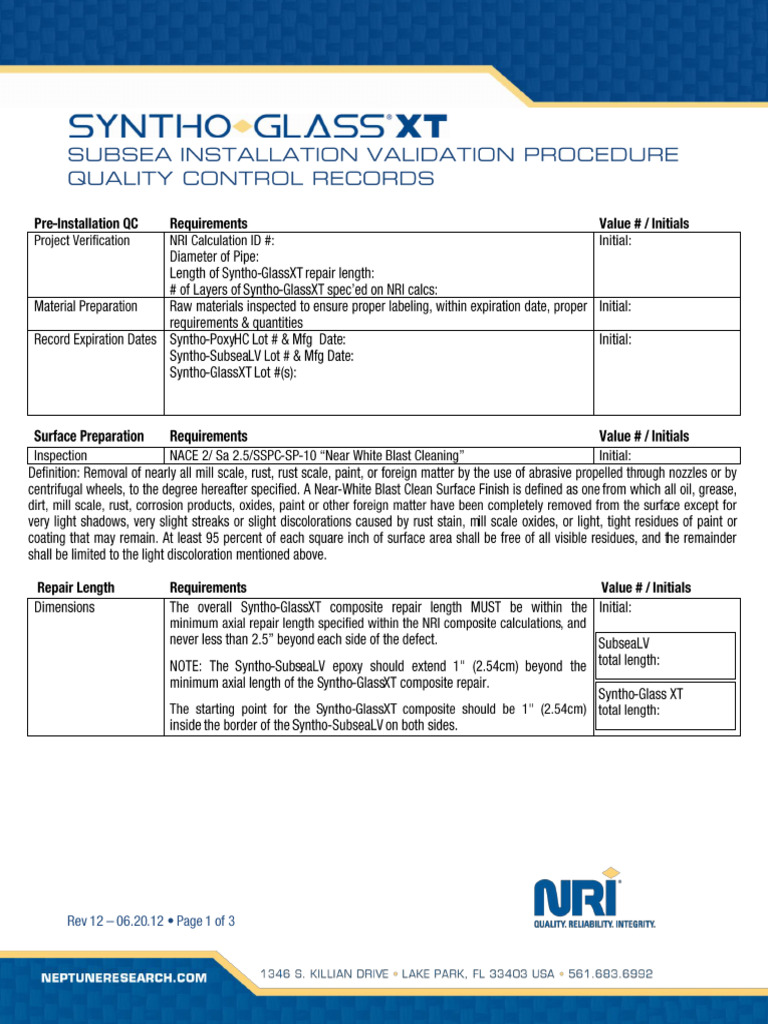 Syntho-Glass XT SubSea Quality Control Records (CB R12 - 06.20.12) | PDF