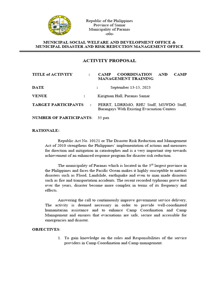 CCCM Project Proposal 2023 | PDF | Disaster Risk Reduction | Emergency ...