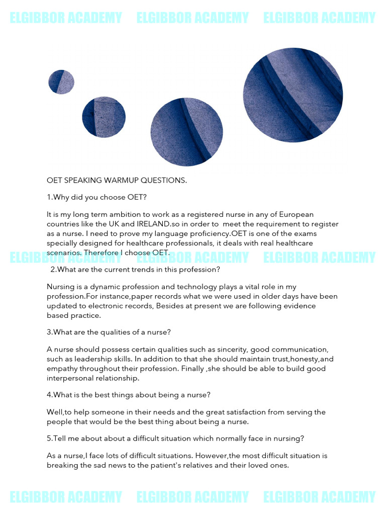 Oet Warmup Questions | PDF | Nursing | Patient
