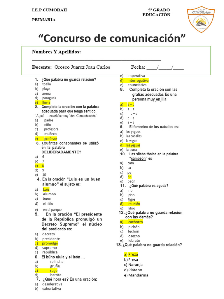 Examen Resuelto de Concurso de Comunicacion 5TO GRADO | PDF
