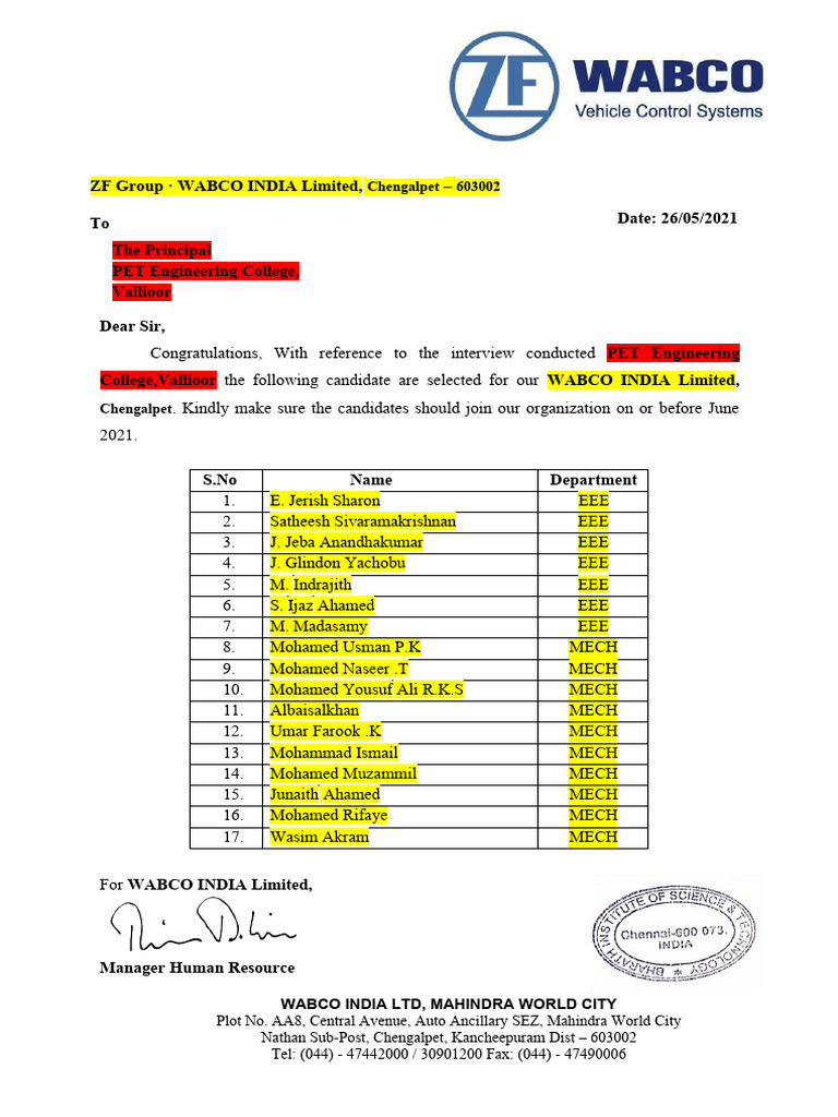 ZF Offer Letter | PDF