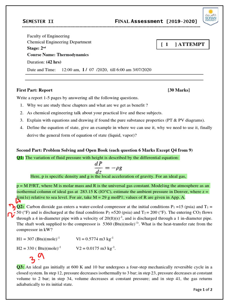 Final Assignment Thermo Question | PDF | Gases | Pressure
