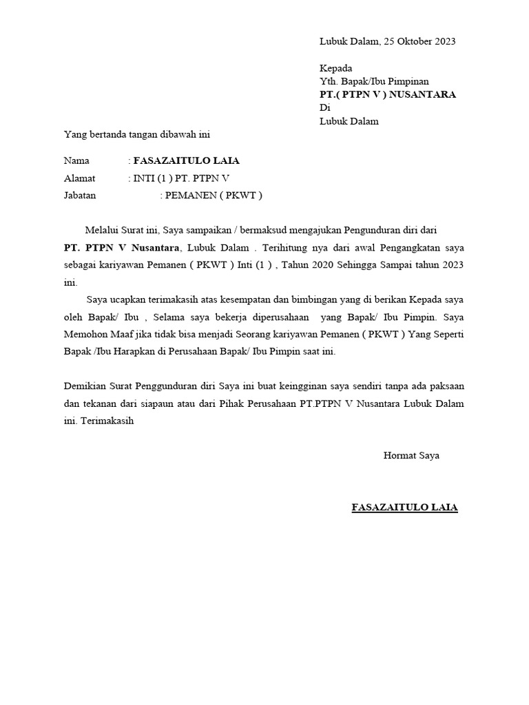 Surat Pengguduran Diri PTPN V | PDF