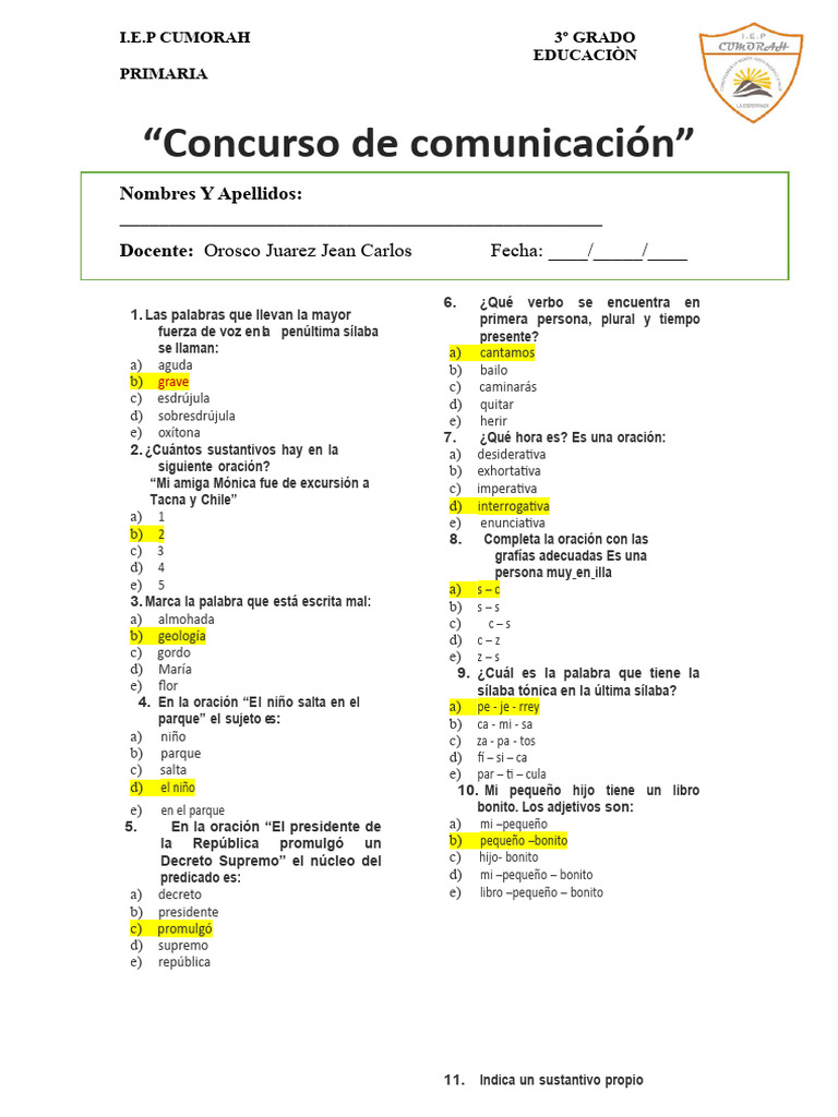 Examen Resuelto de Concurso de Comunicacion 3er GRADO-1 | PDF | Tipología Lingüística ...