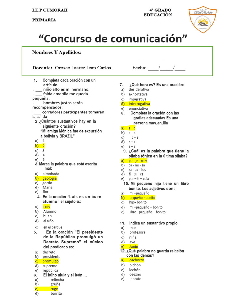 Examen De Comunicación 4to Grado 2023 Pdf