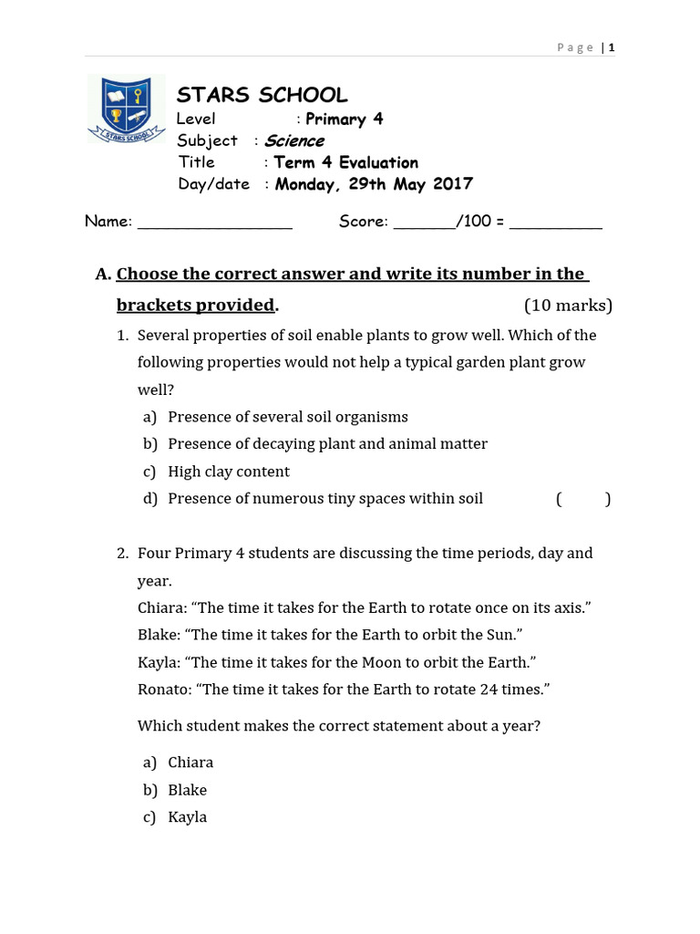 Science P4 Evaluation Term 4 | PDF | Earth | Moon