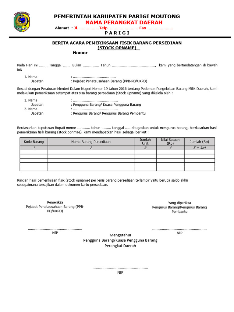 Format BERITA ACARA PEMERIKSAAN FISIK BARANG PERSEDIAAN | PDF