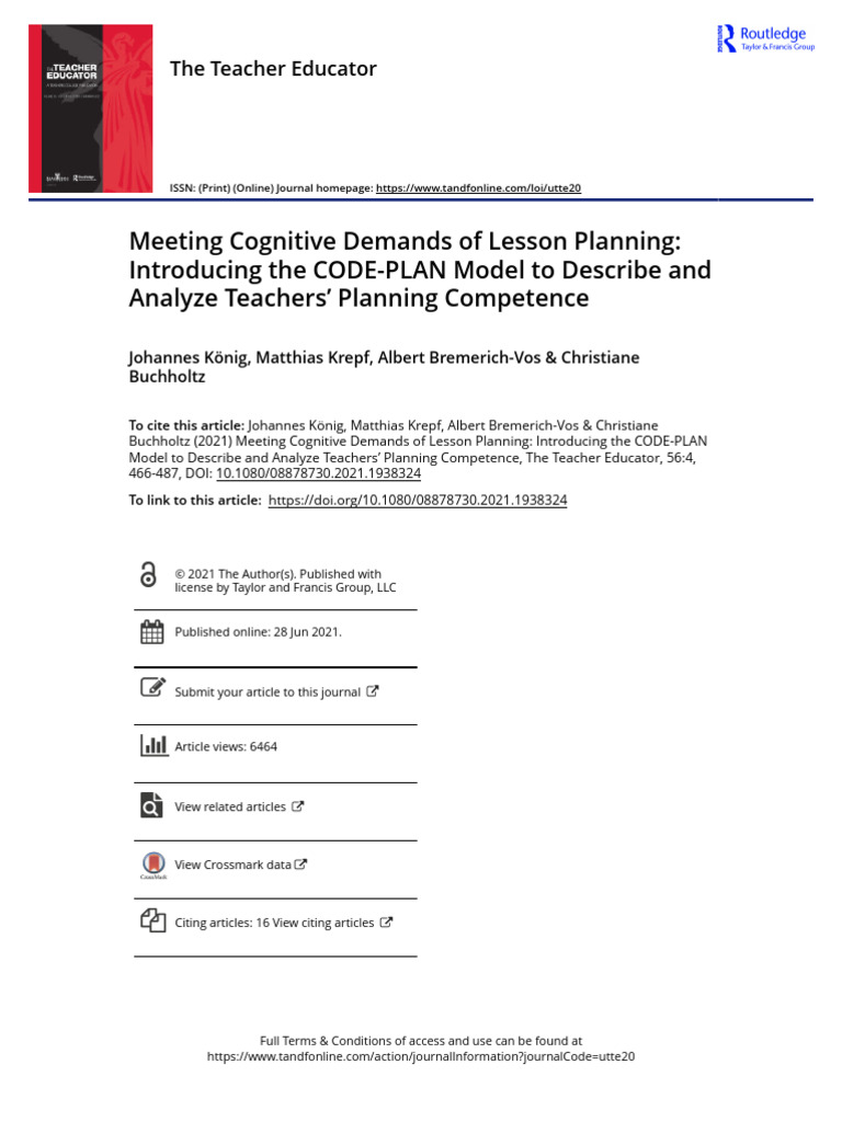 Meeting Cognitive Demands of Lesson Planning Introducing The CODE-PLAN ...