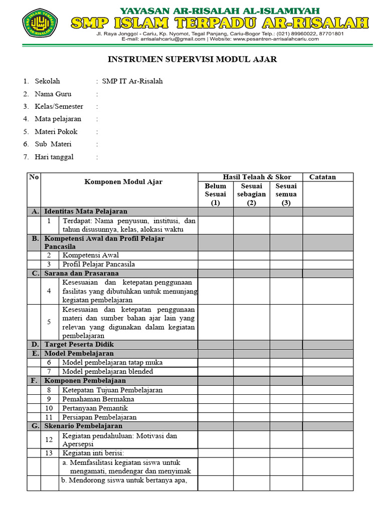 INSTRUMEN SUPERVISI RPP Kurmer | PDF | Karier & Perkembangan